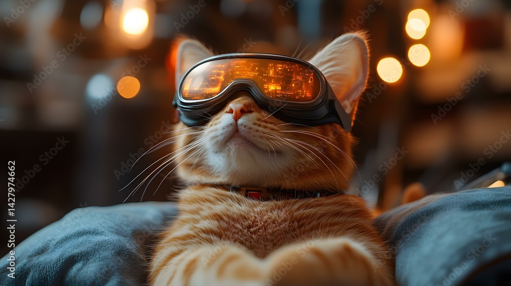 ภาพประกอบ Stock Adorable ginger tabby cat wearing futuristic goggles in ...