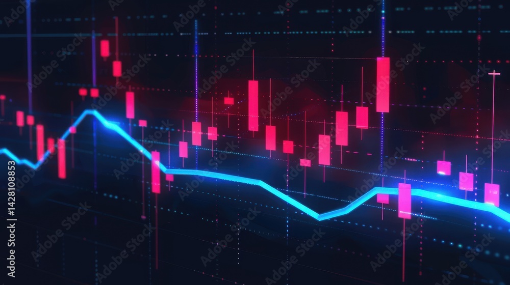 Stock market chart with red and blue candlestick charts showing market ...