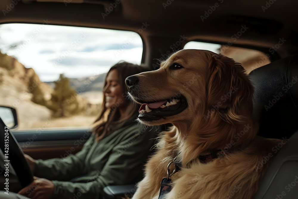 Adventurous Road Trip Woman Golden Retriever Joyful Bonding Journey ...