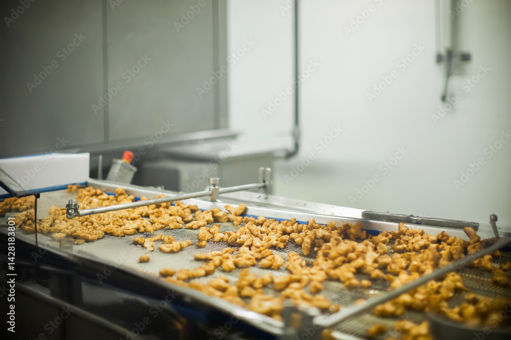 Breaded chicken production line in food factory automated conveyor belt ...