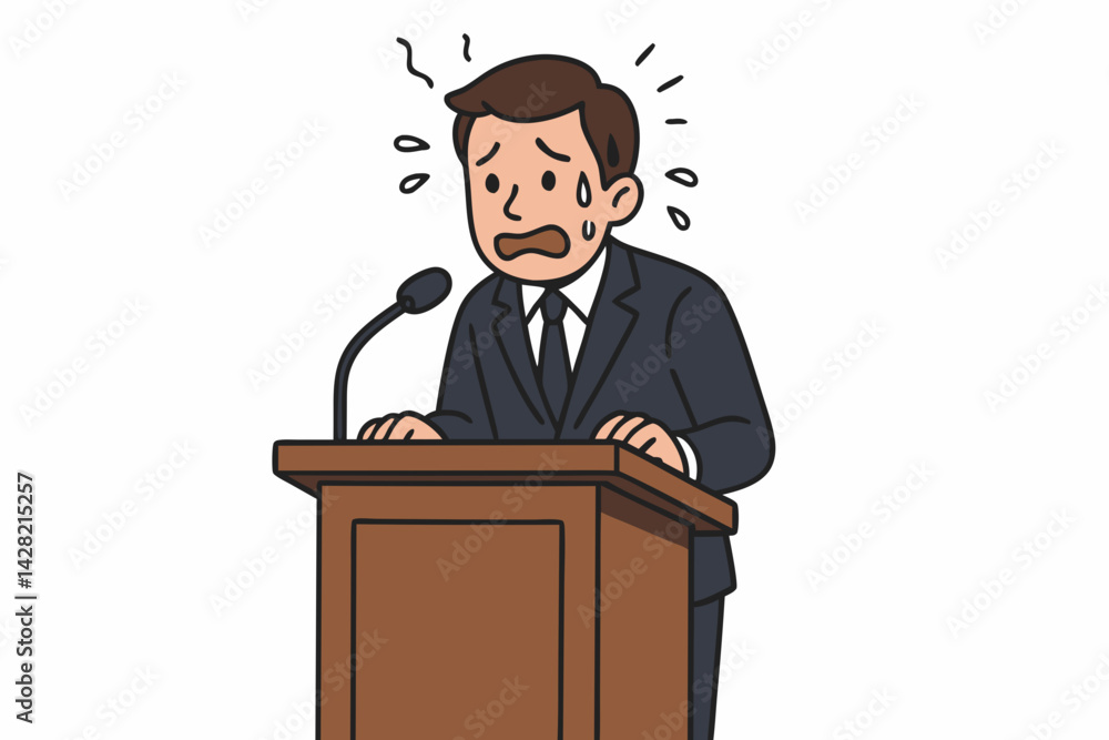 Anxious Businessman Sweating at Podium During Public Speech Vector ...