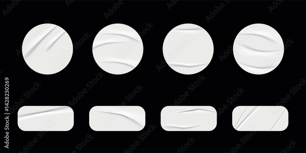 Crumpled white paper sticker set. Wrinkled glued labels different shapes and forms. Stock Vector ...