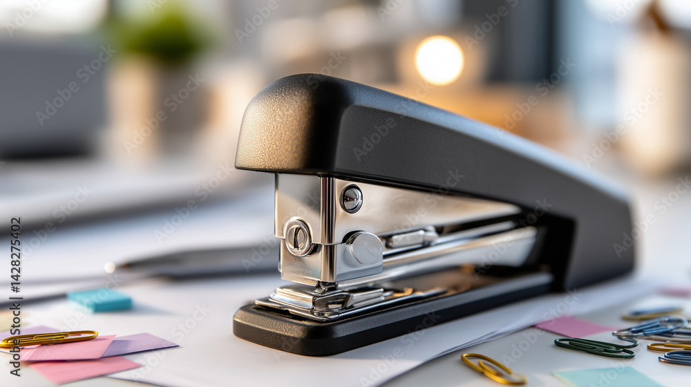 A matte black and stainless steel stapler on a white office desk with ...
