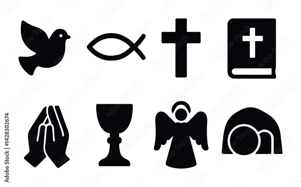 Christianity solid icons set – silhouette style faith symbols for ...