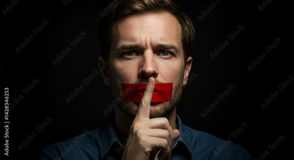 a man with red tape over mouth makes silent gesture with finger ...