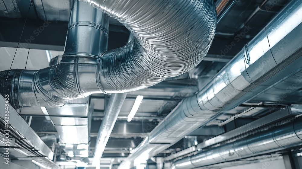 Ventilation pipes under ceiling Chrome ducts for air purification ...