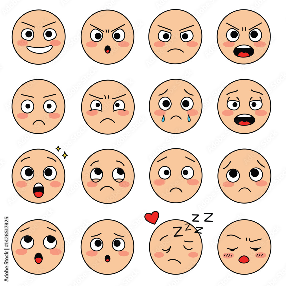 Round cartoon face emoji set showing various human emotions and ...