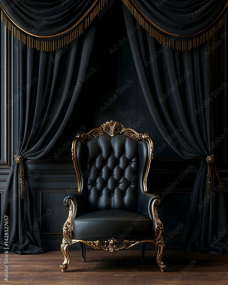 A majestic throne chair with black leather and gold accents, set ...