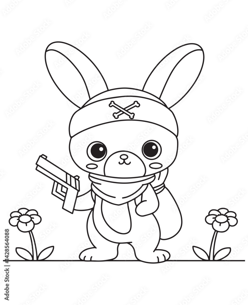 Coloring book rabbit outlaw with a pistol and loot bag. Perfect for ...