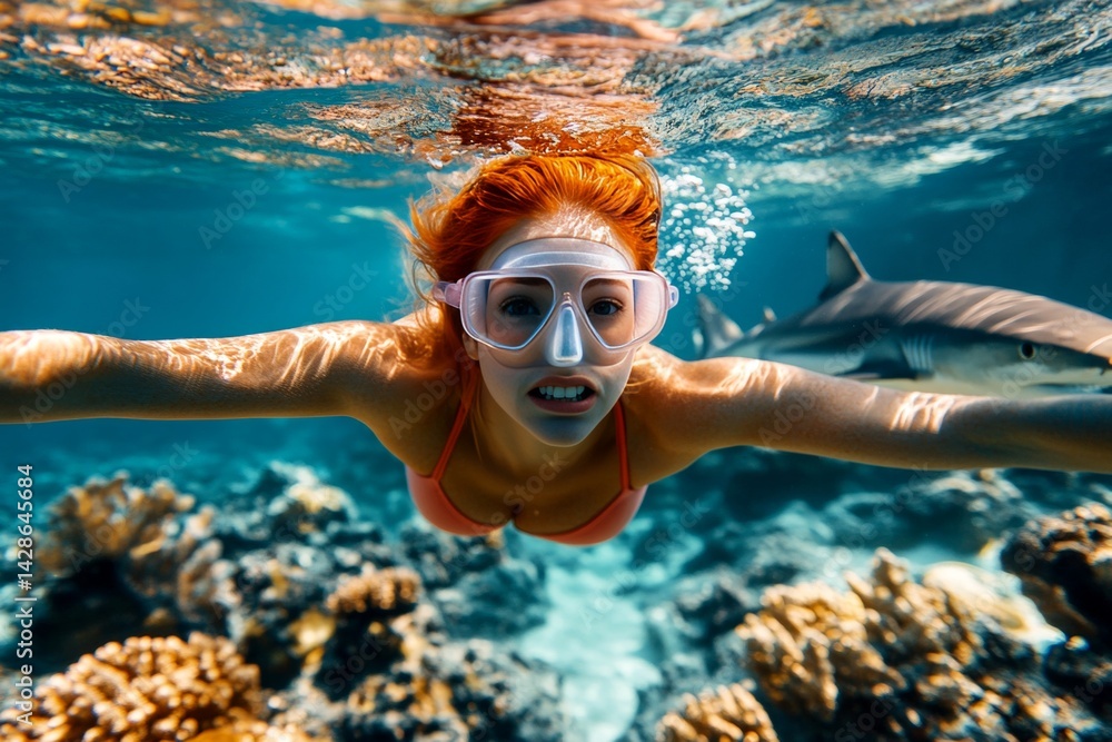 Stock-Foto „Dangerous marine shark and fear and horror adult woman ...