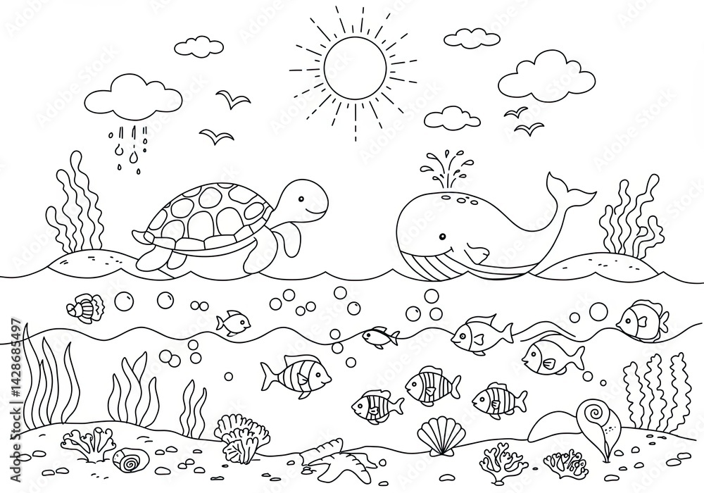 Playful underwater scene with turtle, whale, and fish beneath ocean ...