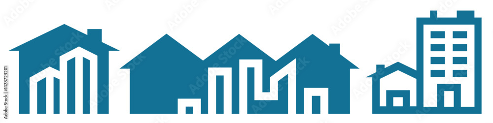Suburbs and the big city. Realty, big city estate icons. Flat vector ...