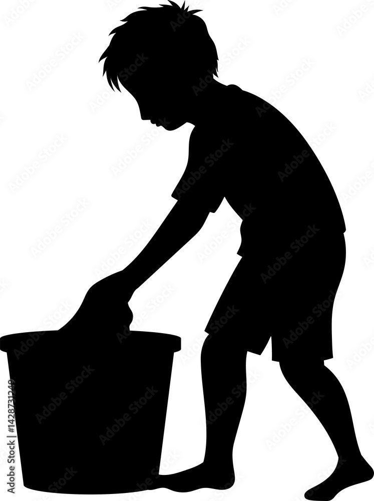 Child labour silhouette transparent PNG. Male child worker cleaning ...