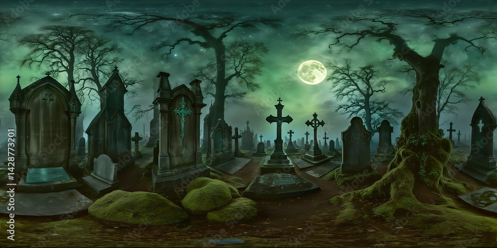 Dark gothic old cemetery at night. Full 360 degrees seamless spherical ...