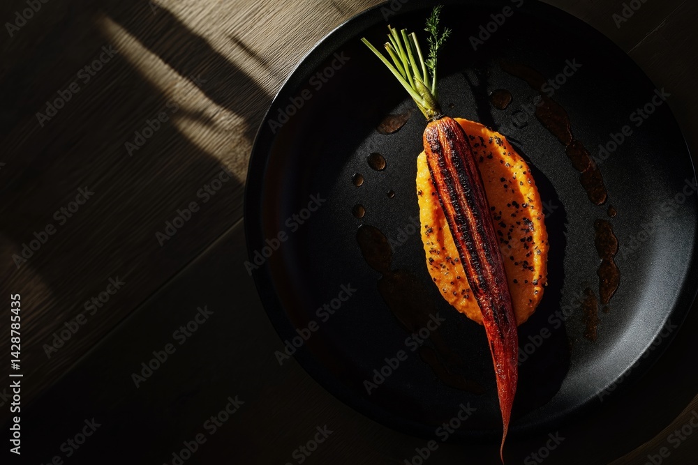 Charred carrot glazed with honey and miso served atop creamy parsnip ...