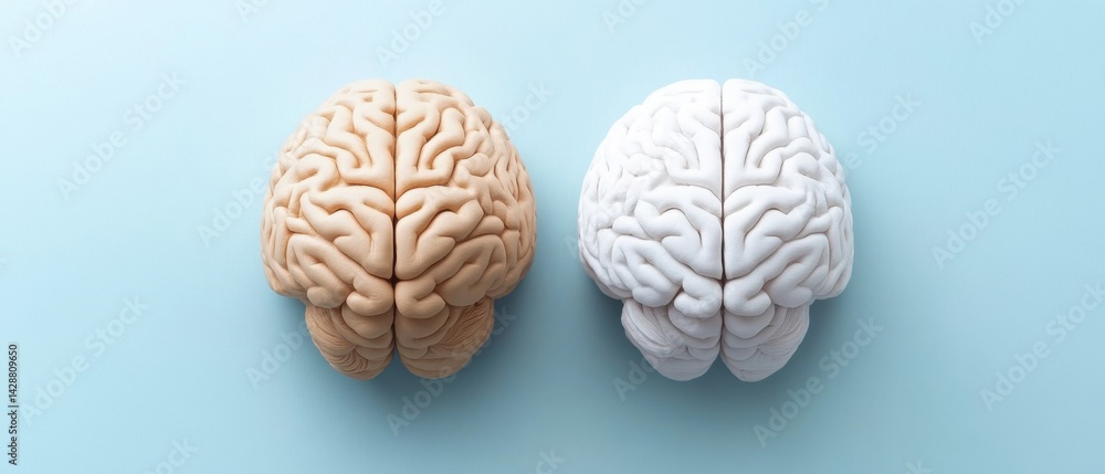 Anatomical brain models showing healthy vs unhealthy brain on blue ...