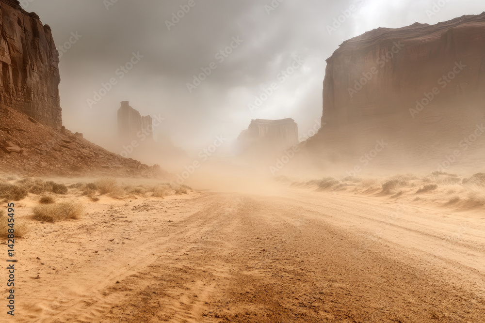 Dust Storm Over Iconic Monument Valley Rock Formations. Sandstorm ...