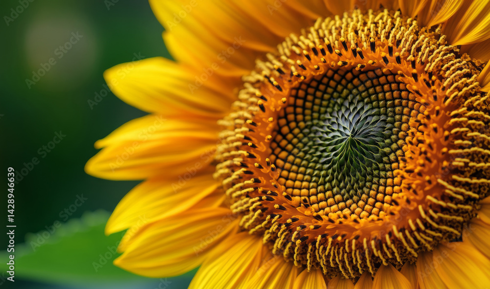 Close-up of a sunflower head revealing the perfect spiral patterns ...
