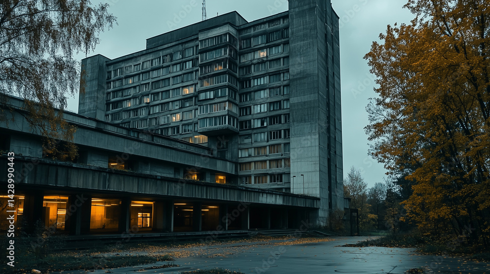 Brutalist high rise apartment building at dusk with glowing windows and ...