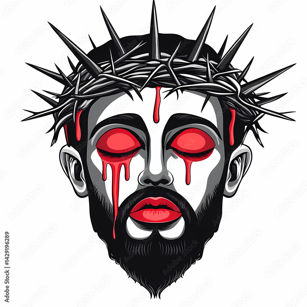 Jesus Christ crown thorns suffering pain red eyes grayscale artistic ...