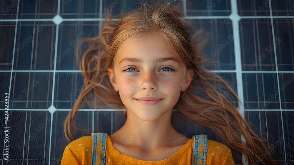 Young girl lying across solar panels, representing the future ...