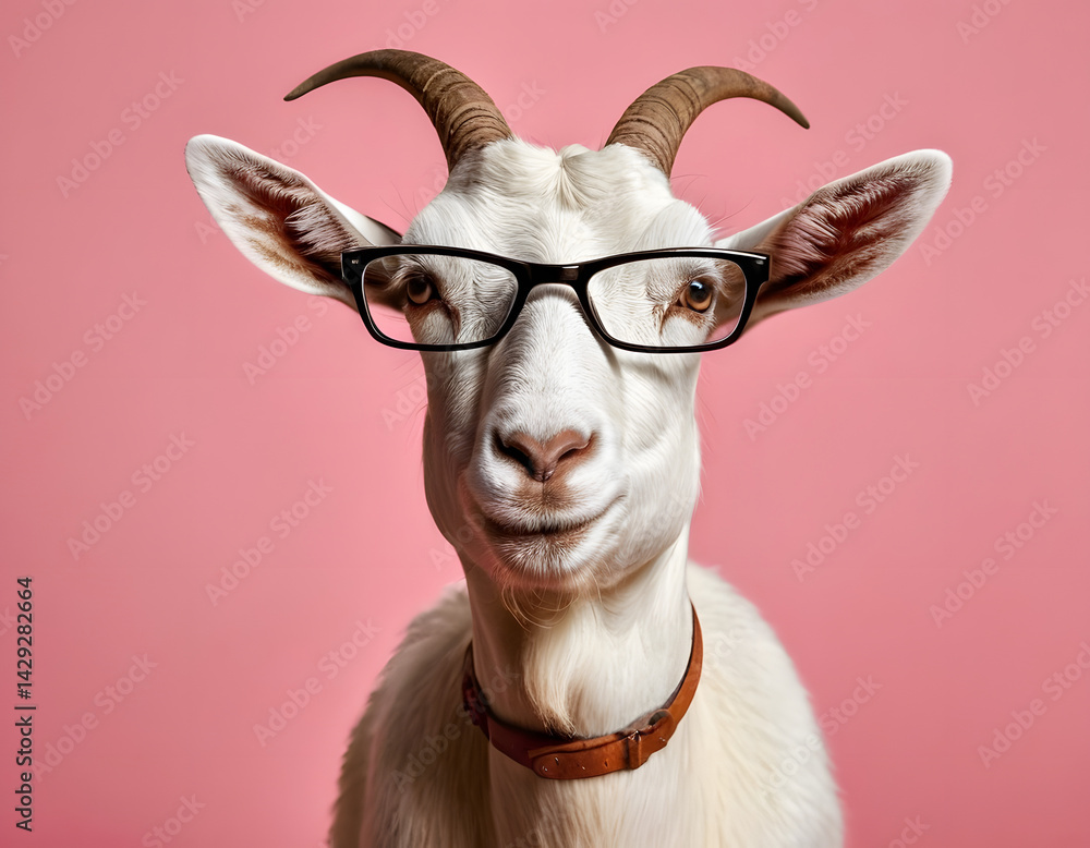 Portrait of a goat wearing glasses on a plain background, Muslim ...