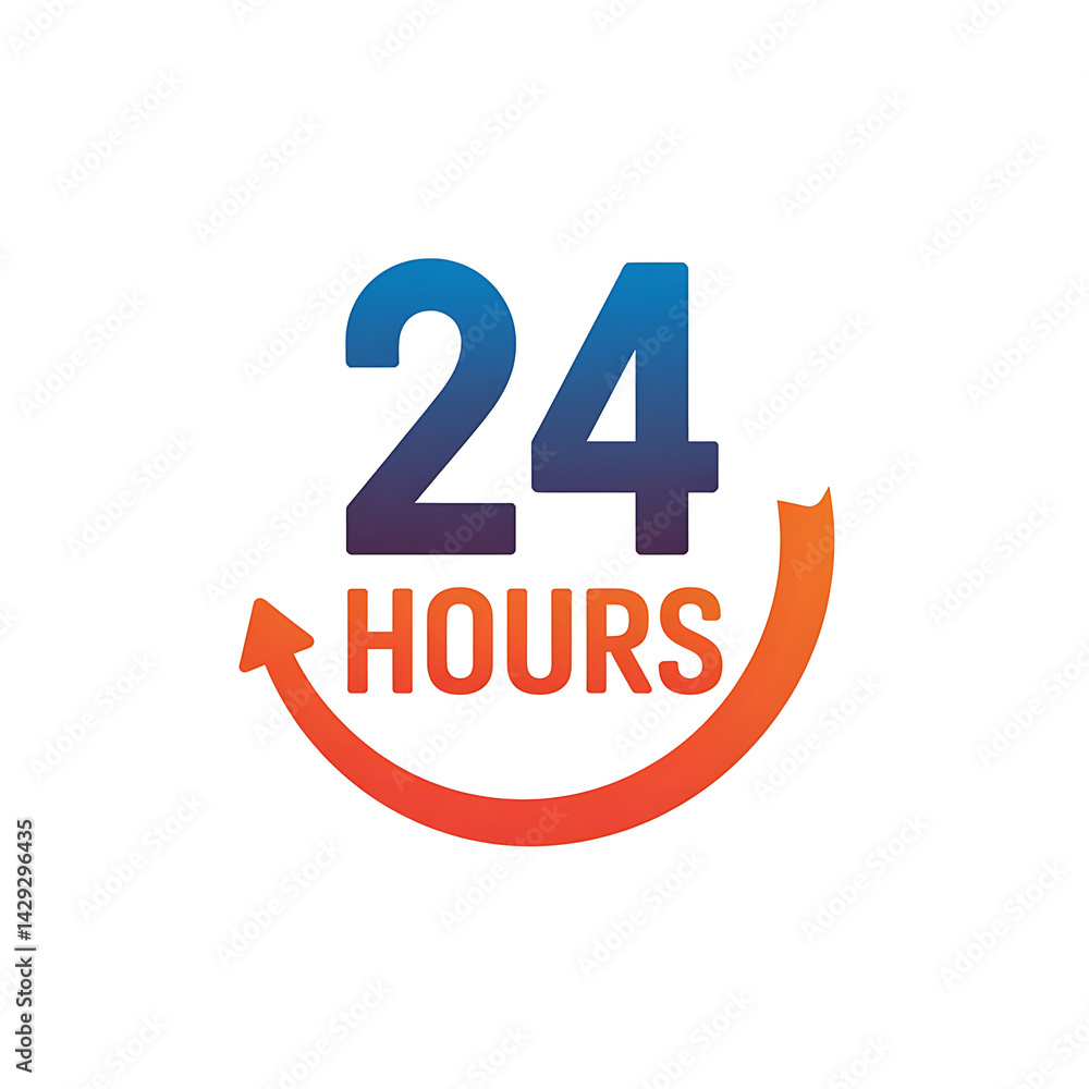 24 hours text with a gradient color and a circular arrow symbolizing around-the-clock ...