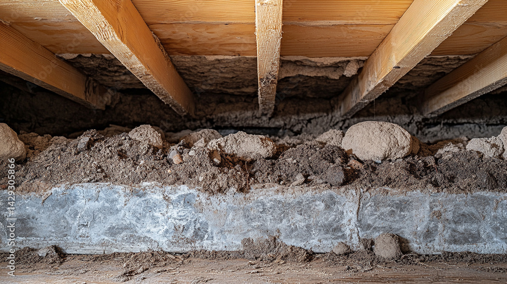 Dimly lit crawl space with exposed wooden beams and uneven soil ...