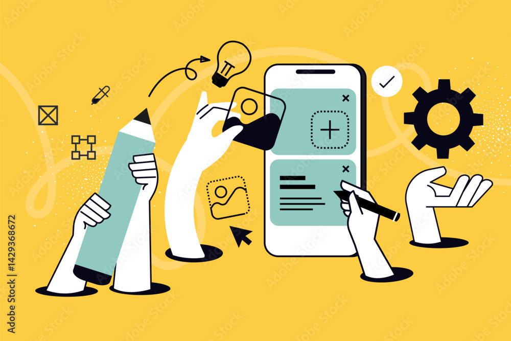 Creative illustration of mobile app development. Vector concept for web banner, social media ...