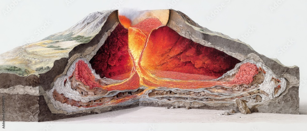 volcano eruption pressure concept. Cross-section of a volcano showing ...