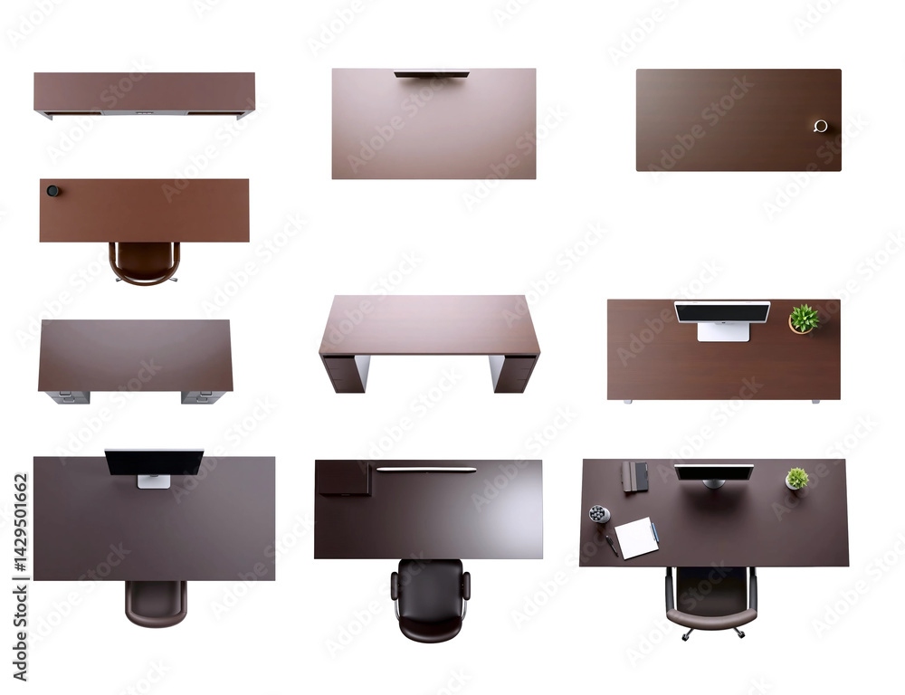 top down view chocolate brown office desk set for floor plan collages ...