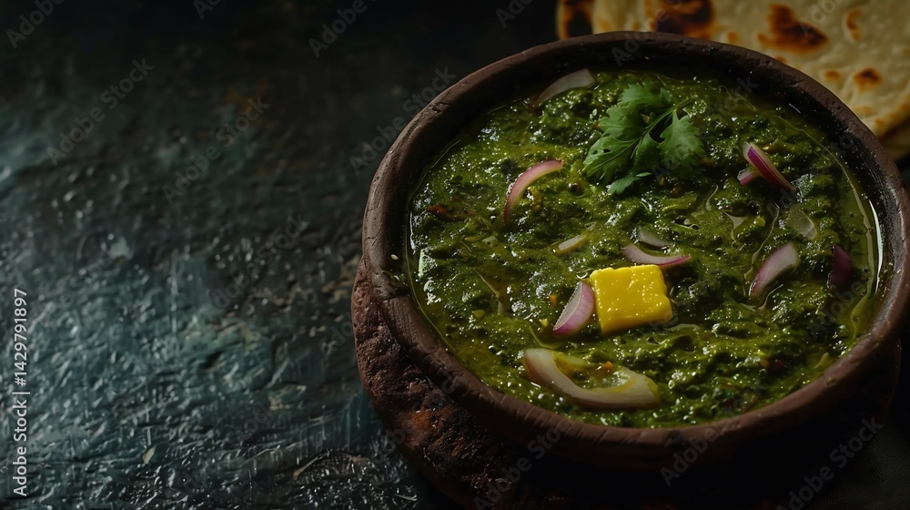 Sarson da saag served rustic bowl makkai ki roti placed dark textured ...