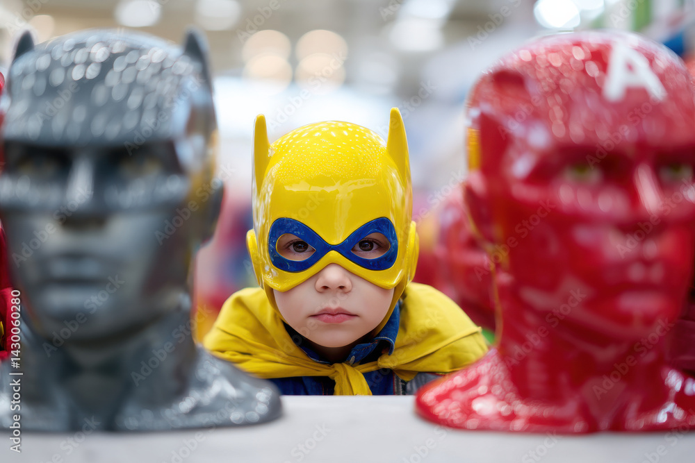Child Dressed as Superhero Hiding Among Toy Store Mannequins Stock ...