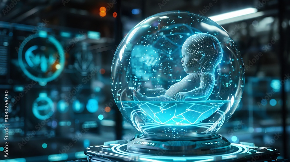 Futuristic cloning facility where newborn baby float inside transparent ...