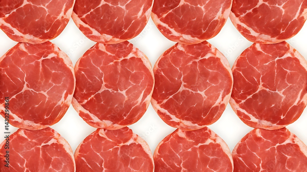 Raw beef meat slices arranged in repeating seamless background pattern ...