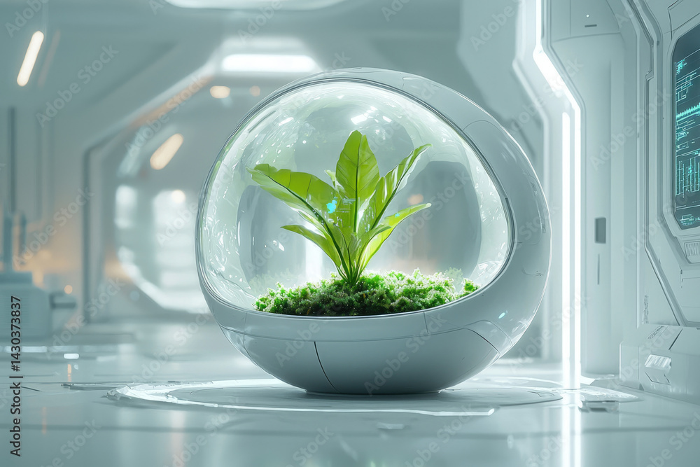 Plant growing in a futuristic transparent pod with a moss bed, inside a ...