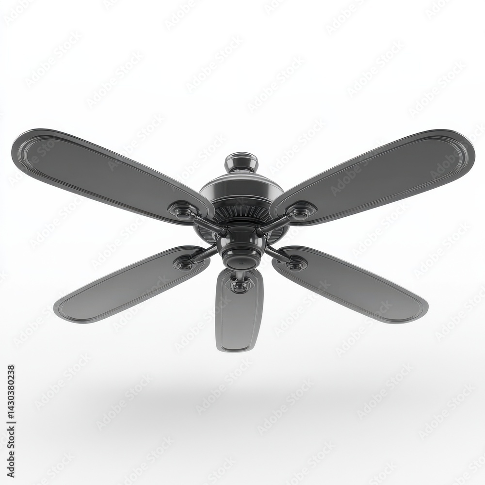 A sleek black ceiling fan with five blades, viewed from below, set ...