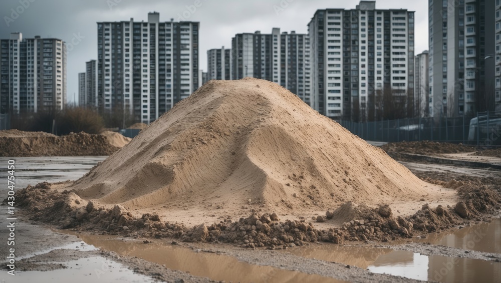Earthy heap of sand used for mortar and foundation work in construction ...