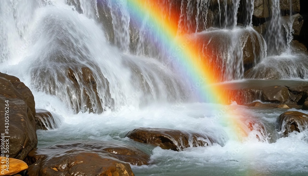 Water cascading over rocks, a vibrant rainbow arcing across the misty ...