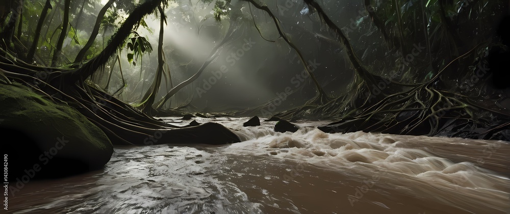 Swollen river overflowing muddy banks amid dense rainforest tangled ...