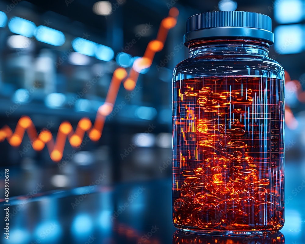 Medical supplement bottle with glowing capsules in a modern lab setting ...