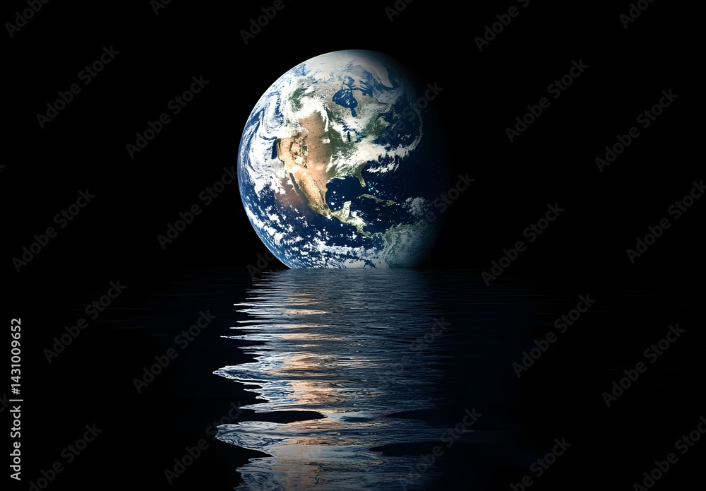 Photograph of the Earth rising above the water, with a reflection on ...