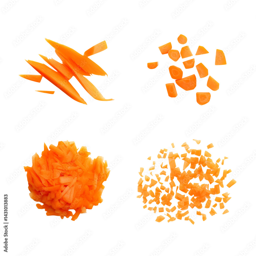 Different cuts of carrots arranged on a transparent background showing ...