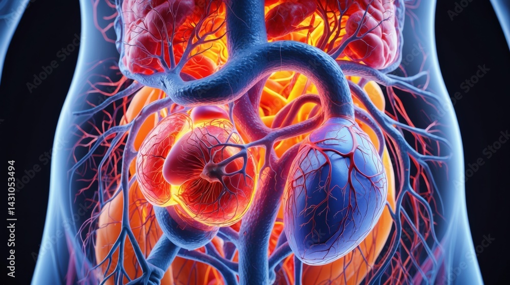 Anatomical render showcasing circulatory system. Visualizes internal ...