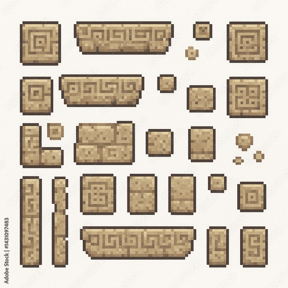 Pixel art tileset of ancient temple tiles with engraved patterns and ...