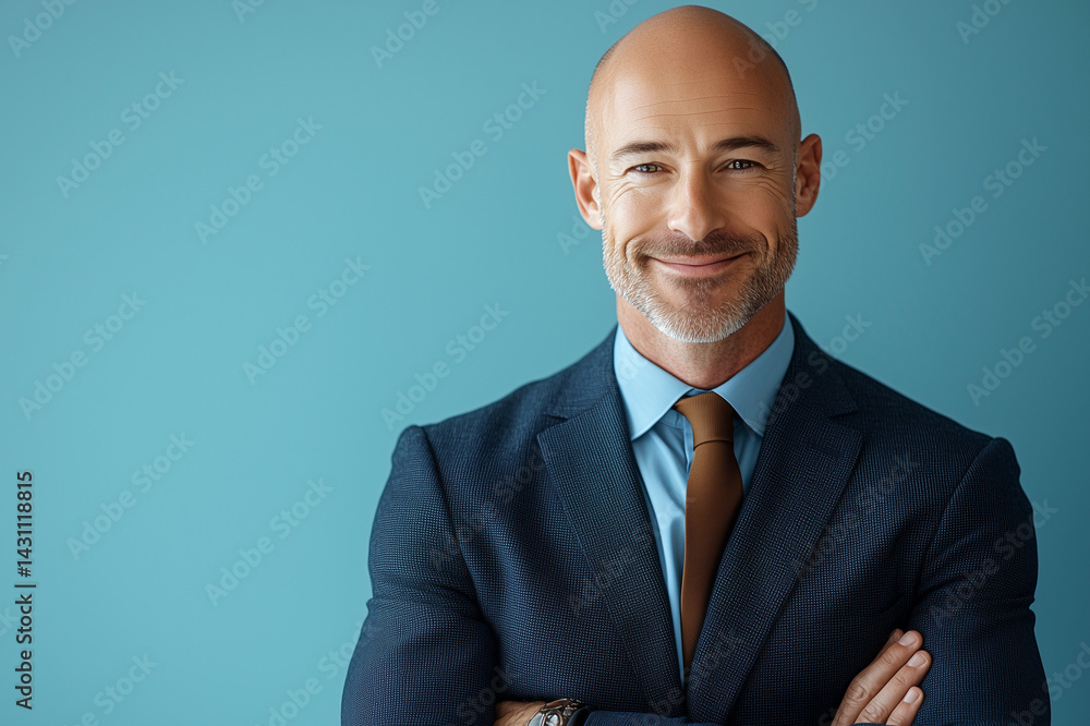 Smiling bald man in a suit and tie on a blue background. Baldness is ...