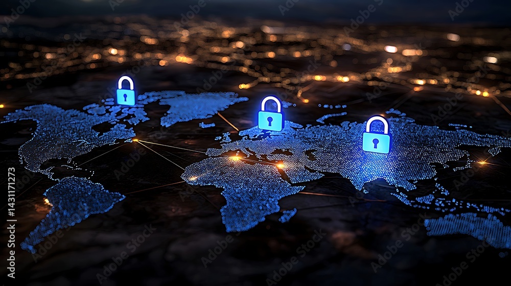 Global Cybersecurity Concept with Lock Icons Overlaying World Map in ...