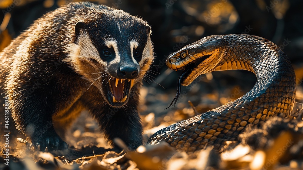 Fierce honey badger standing its ground against a cobra sharp claws ...