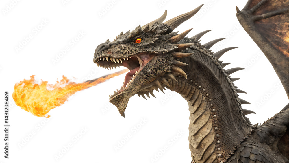 side view dragon head spitting fire isolated on white background PNG ...