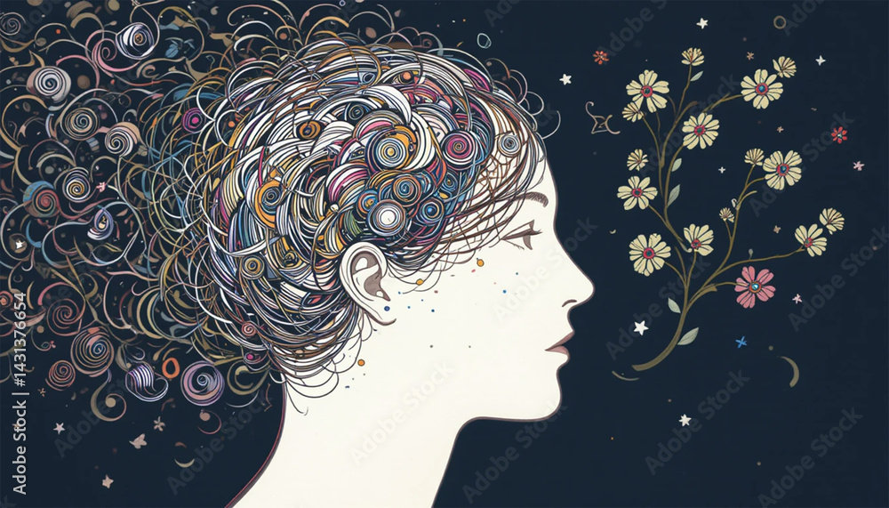 Line art drawing about mental health, tangled human head with scribbles ...